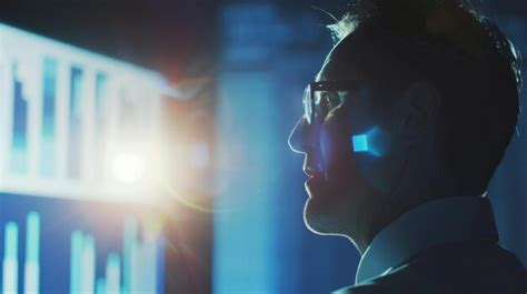 A Businessman Stands In Front Of A Large Screen Displaying Financial Data Analyzing Charts And