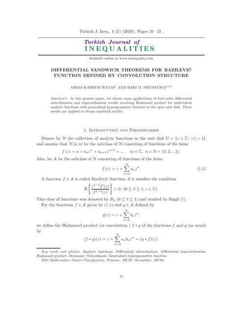 Pdf Differential Sandwich Theorems For BazileviČ Function Defined By Convolution Structure