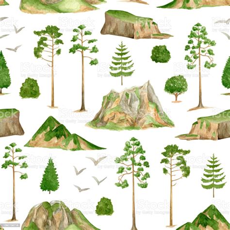 수채화 된 산 풍경 원활한 패턴 손으로 그린 높은 녹색 산 정상 흰색에 고립 된 소나무 여름 숲 배경 삼림 지대 자연 삽화 여행 캠핑 디자인 0명에 대한 스톡 벡터 아트 및