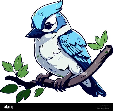 Cute Cartoon Blue Jay Bird Sitting On A Branch Vector Illustration
