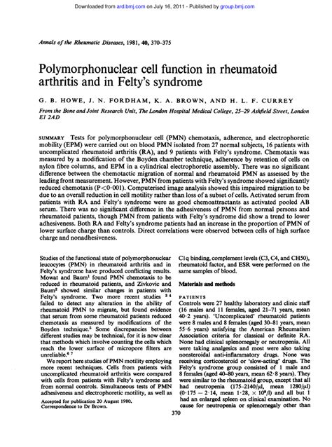 Pdf Polymorphonuclear Cell Function In Rheumatoid Arthritis And In Feltys Syndrome