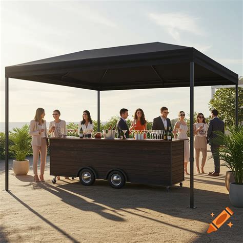 People Socialize Around A Mobile Wooden Bar Under A Black Gazebo At An