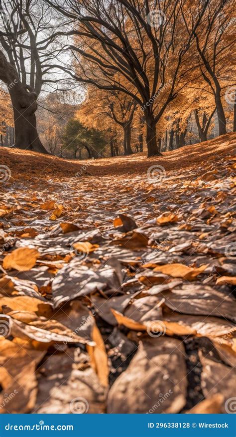 An Empty Leaf Covered Pathway In The Fall Leaves Surrounding It Stock