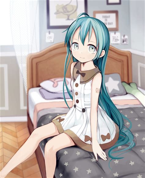 Safebooru 1girl Ahoge Aqua Eyes Aqua Hair Bed Bedroom Dress Hair Down