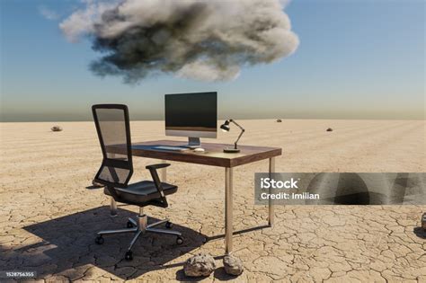 사막 환경의 Pc 사무실 작업장에 거대한 문서 바인더 더미와 머리 위로 구름이 쌓인 남자 작업량 스트레스 소진 개념 3d 일러스트레이션 0명에 대한 스톡 사진 및 기타