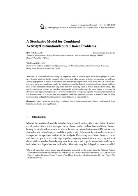 Pdf A Stochastic Model For Combined Activity Destination Route Choice Problems