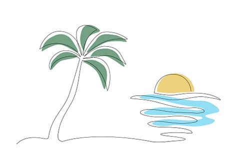 야자수와 일몰이 있는 해변의 한 선 그림 벡터 그림입니다 0명에 대한 스톡 벡터 아트 및 기타 이미지 0명 경관 관광 Istock