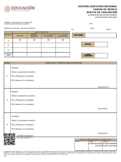 Boleta Quinto Grado 2024 2025 Pdf Educación Primaria México