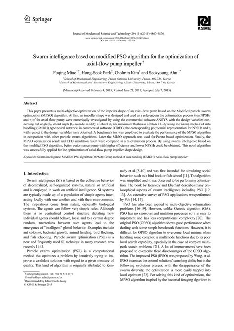 Pdf Swarm Intelligence Based On Modified Pso Algorithm For The Optimization Of Axial Flow Pump