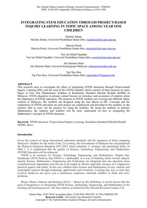 Pdf Integrating Stem Education Through Project Based Inquiry Learning In Topic Space Among