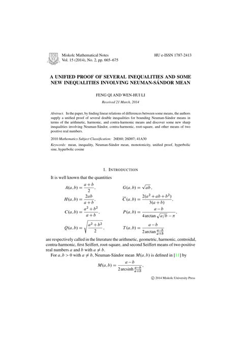 Pdf A Unified Proof Of Several Inequalities And Some New Inequalities Involving Neuman S