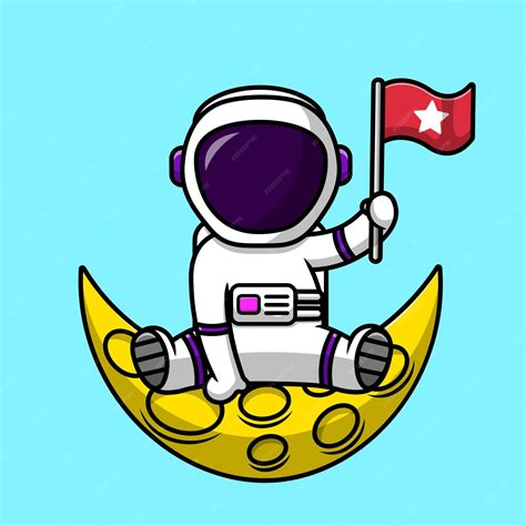 Niedlich Astronaut Halten Fahne Auf Mond Karikatur Vektor