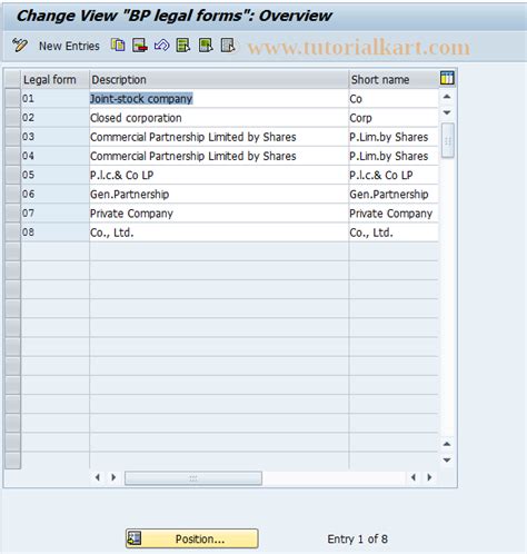 BUC8 SAP Tcode BP Cust Legal Form Of Organization