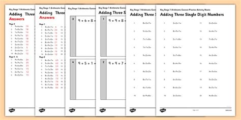 KS1 Arithmetic Practice Worksheet Worksheet Pack Adding 3 Single Digit