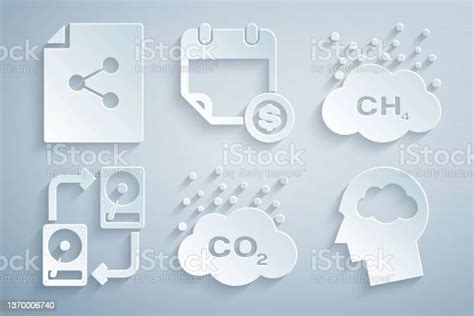 클라우드 메탄 감소 Hhd 헤드 실루엣 재무 캘린더 및 공유 파일 아이콘과의 데이터 교환에서 Co2 배출량을 설정합니다 벡터 0명에 대한 스톡 벡터 아트 및 기타 이미지