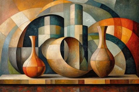 Geometric Abstract Art Featuring Curved Vases And Architectural