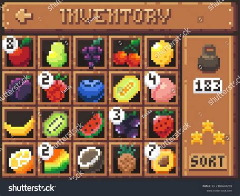 Pixel Fruits Inventory Cartoon Game Interface Stock Vector Royalty