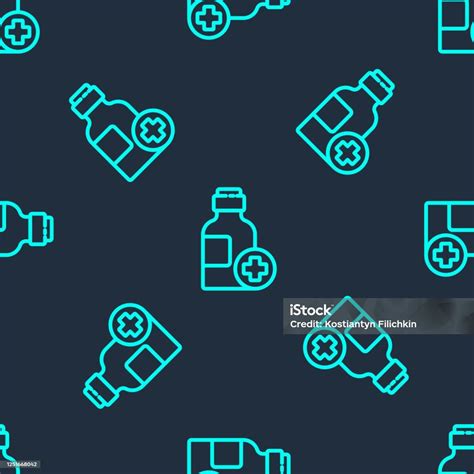 녹색 라인 의학 시럽 아이콘의 병 은 파란색 배경에 절연 원활한 패턴 벡터 일러스트레이션 0명에 대한 스톡 벡터 아트 및 기타 이미지 0명 건강 진단 건강관리와 의술