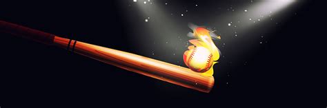 현대적인 스타일의 팀 스포츠 컨셉 어두운 배경에 날아다니는 야구공이 불타고 있는 스포트라이트를 받는 야구 방망이 세련 된 창조적 인 벡터 포스터 또는 배너 공 스포츠 장비에