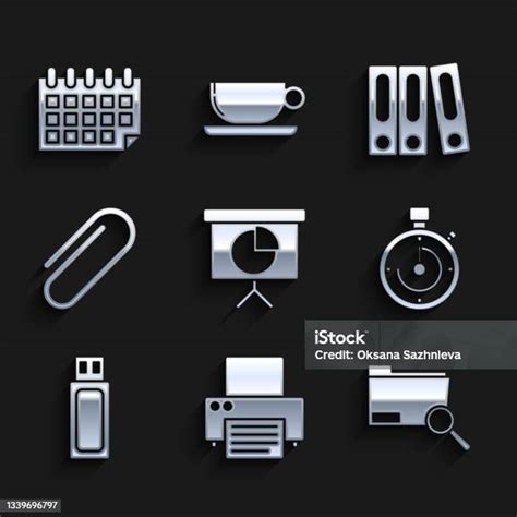 그래프 파이 그래프 프린터 검색 개념 폴더 서류 가방 Usb 플래시 드라이브 종이 클립 사무실 폴더 서류 및 문서 및 캘린더 아이콘으로 프리젠 테이션 재무 보드를 설정합니다