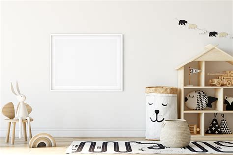 거실에서 프레임 및 포스터 조롱 스칸디나비아 인테리어 3d 렌더링 3d 일러스트레이션 아기방에 대한 스톡 사진 및 기타 이미지