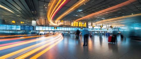 A Busy Airport Terminal Showcasing Blurred Motion And Vibrant Energy Of Travel Premium Ai