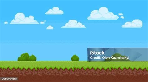 픽셀 아트 풍경입니다 푸른 하늘 구름 잔디가 있는 게임 배경입니다 8비트 아케이드 게임의 여름날 장면입니다 복고풍 픽셀화된 재생 보기 벡터 일러스트 레이 션 여가활동 게임에