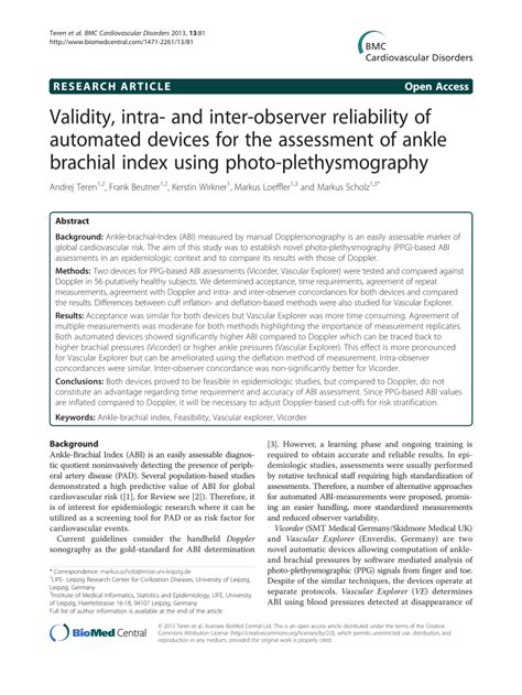 Pdf Automated Photoplethysmography Based Determination Of Ankle Brachial Index A Validation