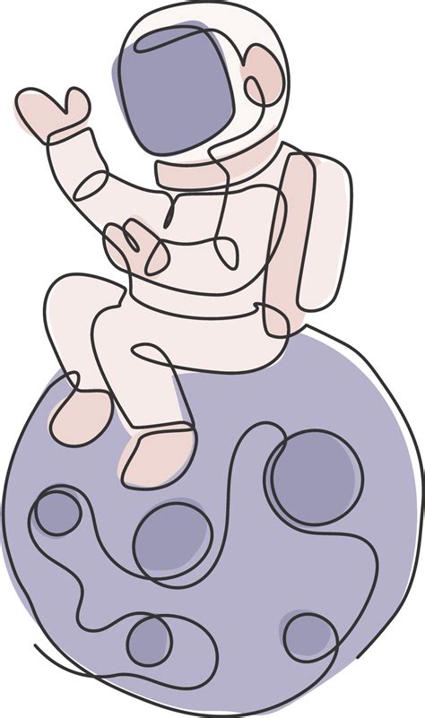 One Continuous Line Drawing Of Cosmonaut Exploring Outer Space Astronaut Sitting On Full Moon