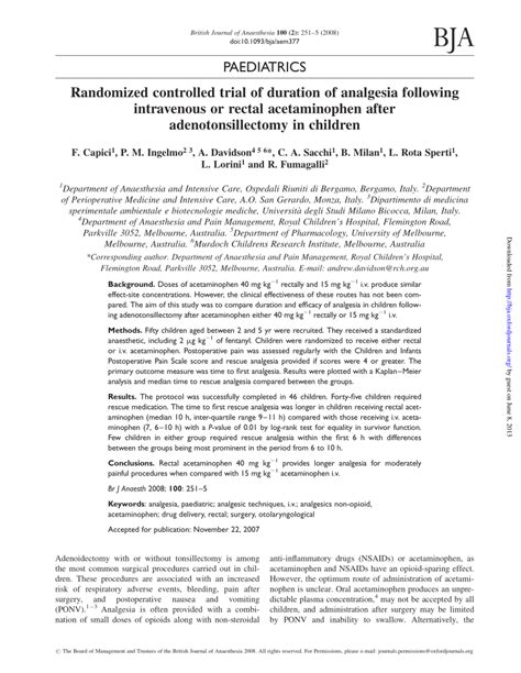 Pdf Randomized Controlled Trial Of Duration Of Analgesia Following Intravenous Or Rectal