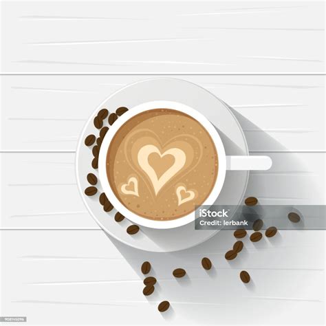 커피 컵 최고 보기 상단에 흰색 나무 테이블 벡터 일러스트 레이 션에에서 커피 콩 라 떼 하트 사랑에 대한 스톡 벡터 아트 및
