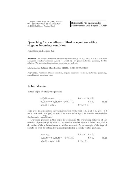 Pdf Quenching For A Nonlinear Diffusion Equation With A Singular Boundary Condition
