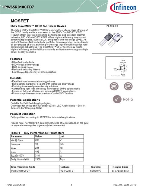 Infineon Ipw65r018cfd7 Datasheet V02 00 En 2498174 Pdf Physical Quantities Electricity