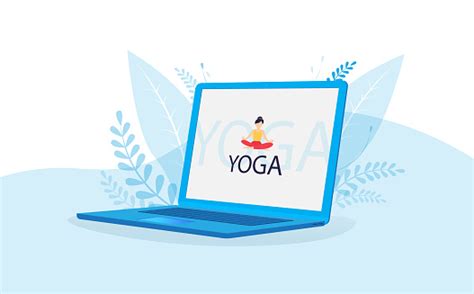 휴대 전화 화면에서 개인 코치와 대화 형 온라인 요가 운동 집에서 훈련하는 작은 남자 사람들은 명상을 연습하고 스포츠 연습 벡터 일러스트레이션 가냘픈에 대한 스톡 벡터 아트