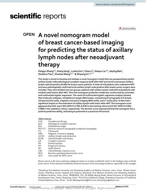 Pdf A Novel Nomogram Model Of Breast Cancer Based Imaging For