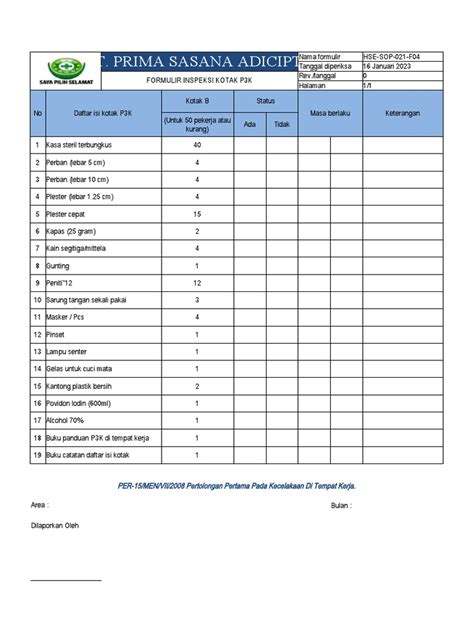 28 Form Inspeksi Kotak P3k Pdf