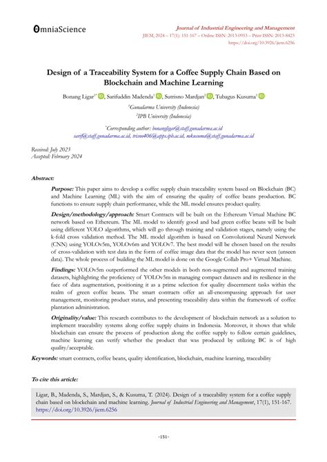 Pdf Design Of A Traceability System For A Coffee Supply Chain Based On Blockchain And Machine