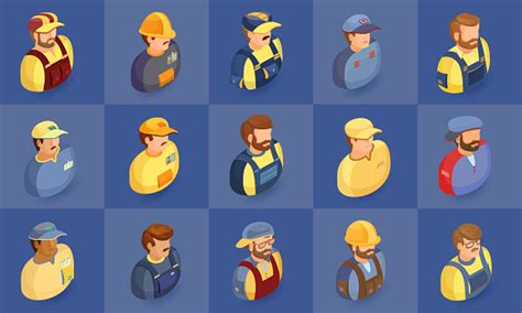 작업자및 파란색으로 격리된 기호를 작성합니다 아이소메트릭 프로젝션 건설 산업에 대한 스톡 벡터 아트 및 기타 이미지 건설 산업 건축가 공사장 감독 Istock