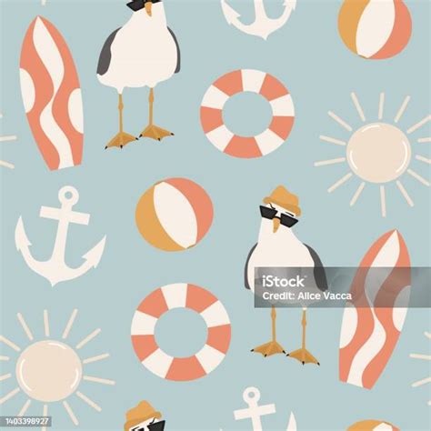 귀여운 만화 추상 이음새가 없는 벡터 패턴 배경 일러스트 레이 션 갈매기 캐릭터 앵커 서핑 보드 태양 및 기타 다채로운 여름 요소 갈매기에 대한 스톡 벡터 아트 및 기타