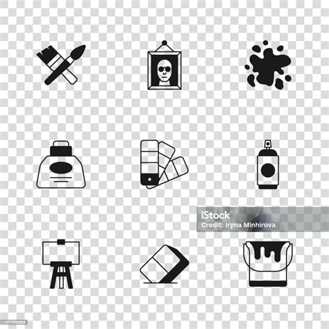 지우개 또는 고무 페인트 스프레이 캔 양동이 색상 팔레트 가이드 브러시 그림 및 잉크 병 아이콘을 설정합니다 벡터 검은색에 대한 스톡 벡터 아트 및 기타 이미지 Istock