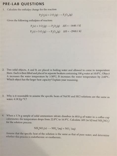 Solved PRE LAB QUESTIONS Calculate The Enthalpy Change Chegg
