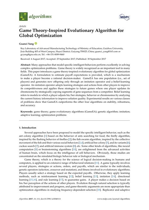 Pdf Game Theory Inspired Evolutionary Algorithm For Global Optimization