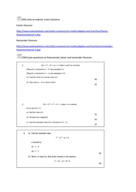 2 Revision Session For Core 1 Polynomials Factor And Remainder Theorem Pdf
