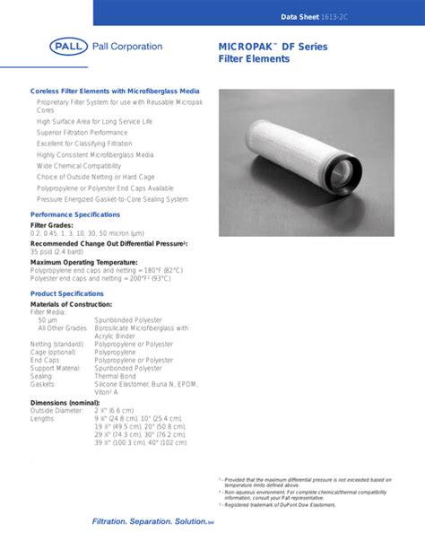 Micropak Df Series Filter Elements Data Sheet