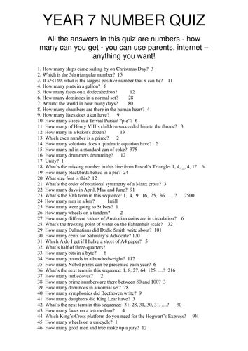 100 Question Quiz All With Mathematical Answers Teaching Resources