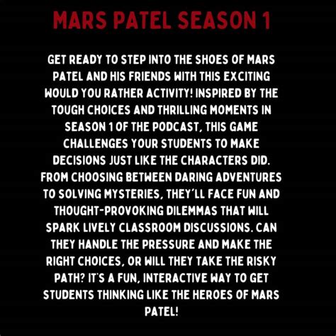 Mars Patel Season 1 Would You Rather Activity By Theoneandonlymrse