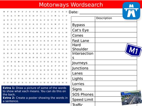 Motorways Wordsearch Transport Starter Settler Activity Homework Cover Lesson Teaching Resources
