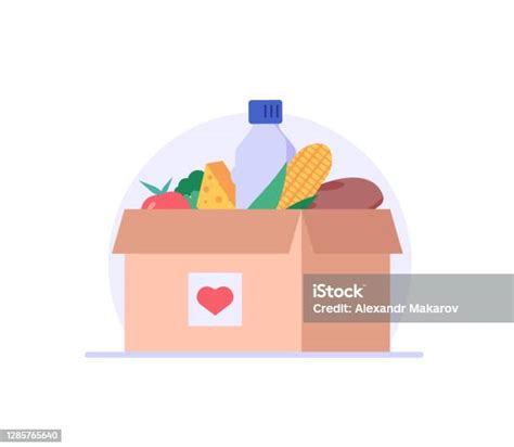 자선 을위한 식료품 바구니 도움의 개념 사회 복지 자원 봉사 가난한 사람들을위한 지원 음식 기부 자선 웹 배너에 대한 만화 플랫 벡터 일러스트레이션 자선기부에 대한 스톡