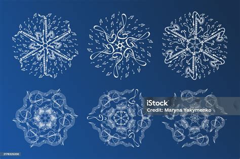 6개의 음악 눈송이 세트 파란색 배경에 흰색 색상의 벡터 겨울 아이콘입니다 음악에 대한 스톡 벡터 아트 및 기타 이미지 음악 겨울 서리 Istock