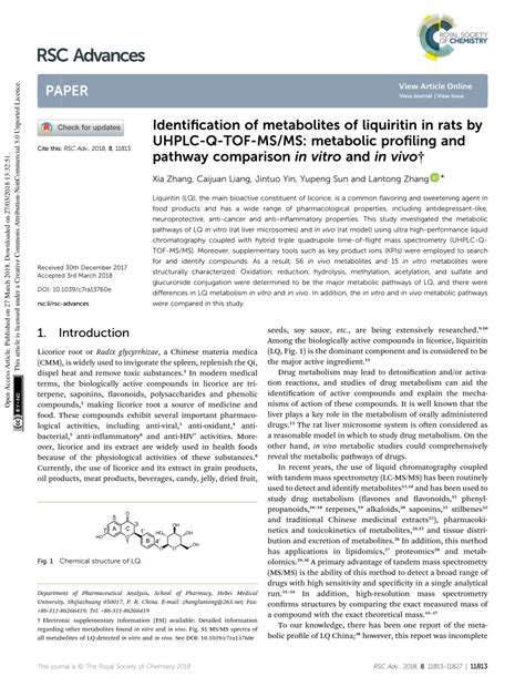 Pdf Identification Of Metabolites Of Liquiritin In Rats By Uhplc Q